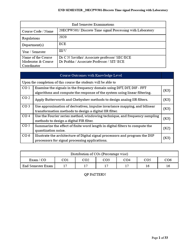 QB - End Sem - 20ECPW501 - Discrete Time Signal Processing With Laboratory | PDF | Filter ...