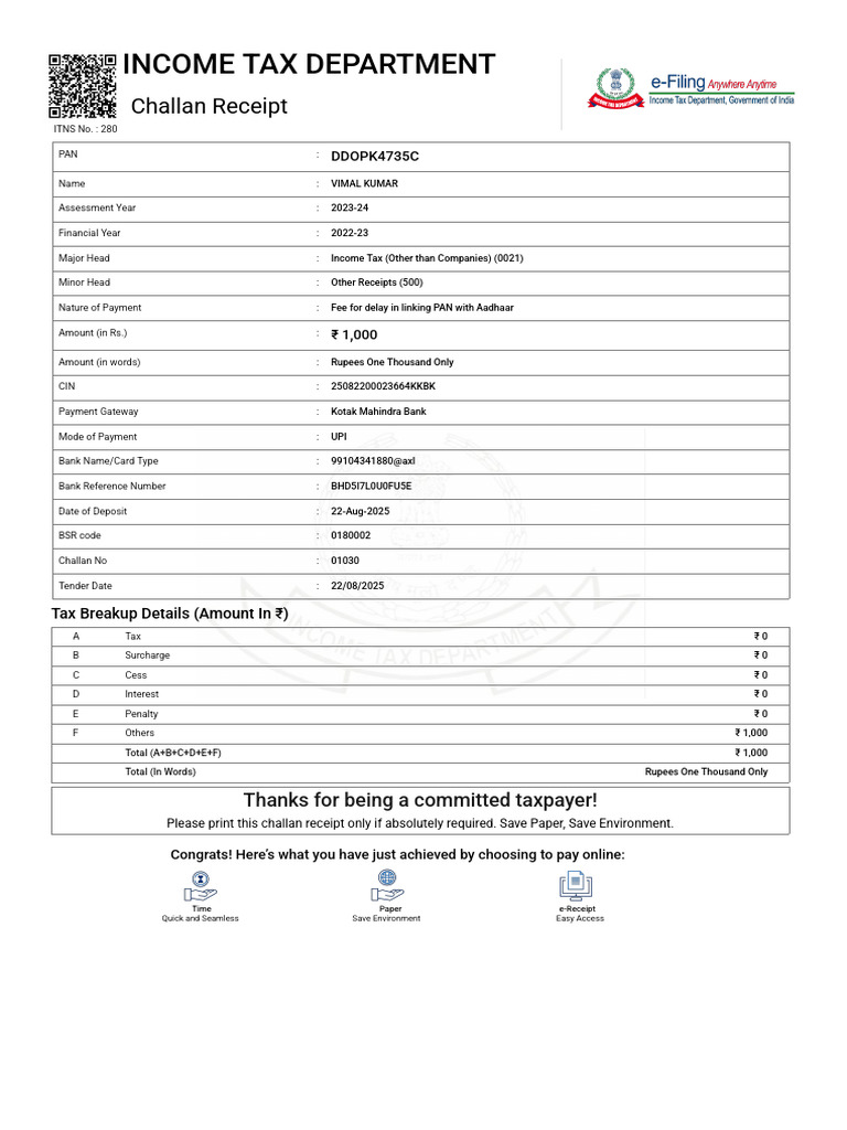 Income Tax Challan Receipt for PAN-Aadhaar Link | PDF | Payments ...