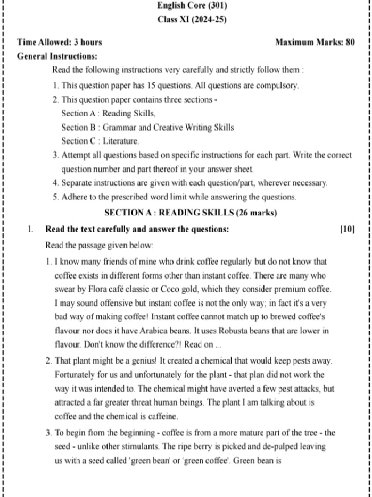 Class XI English Exam Paper 2024-25 | PDF | Coffee