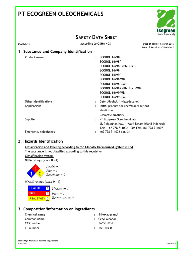 Cetyl Alcohol SDS | PDF | Working Conditions | Safety