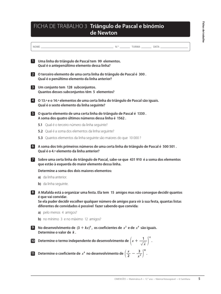 Ficha de Trabalho 03 - 12 Ano - Triangulo de Pascal de Binomio de Newton | PDF | Conjunto ...