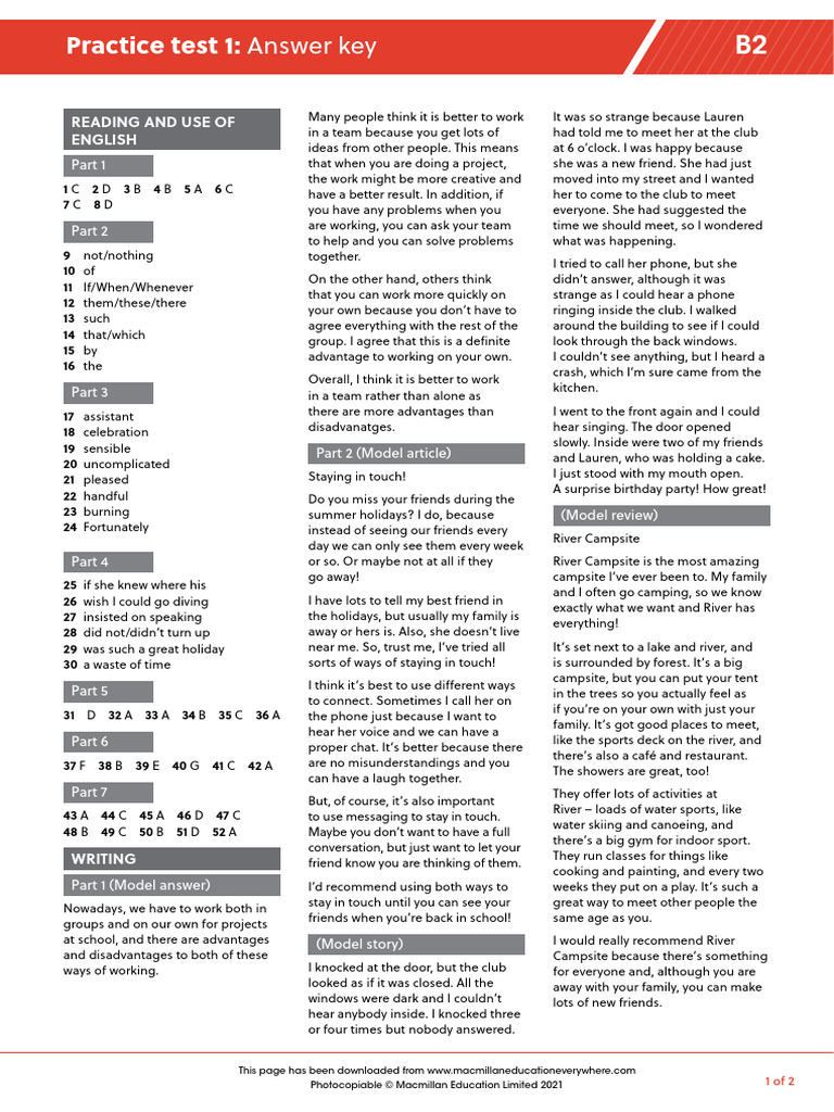 B2 English Practice Test Answer Key | PDF