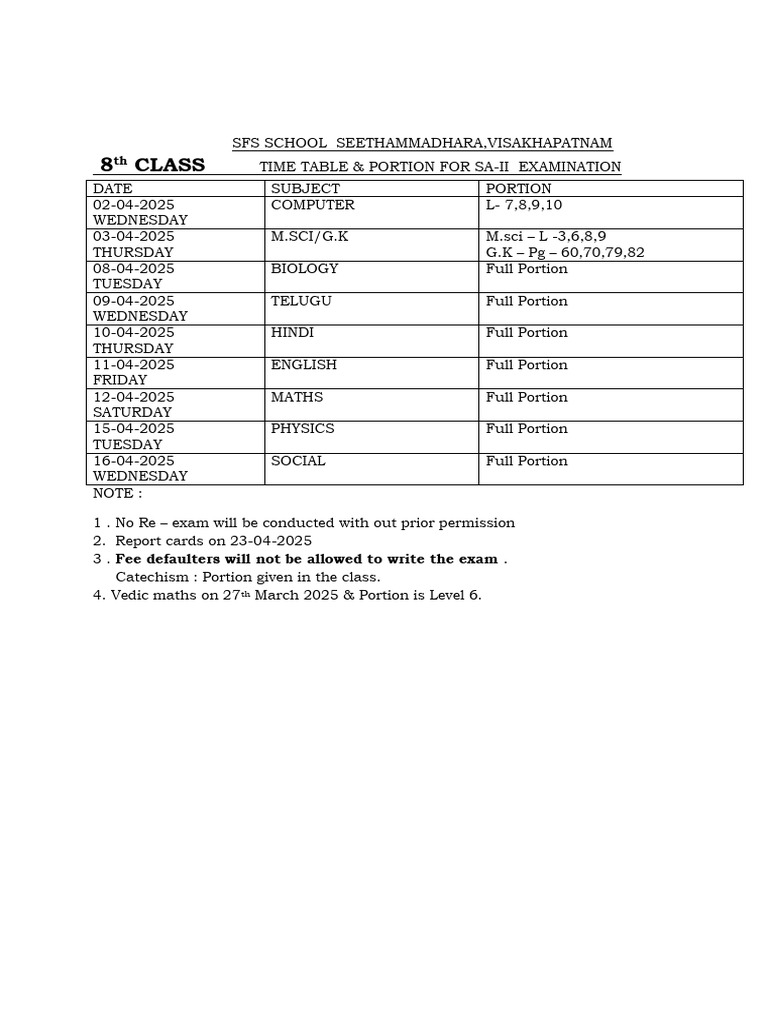 Class-8 Time Table & Portion - 549 | PDF