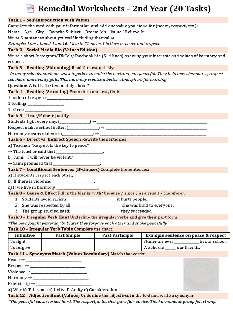 ? Remedial Worksheets - 2nd Year (20 Tasks) by Teacher Ihssane | PDF ...