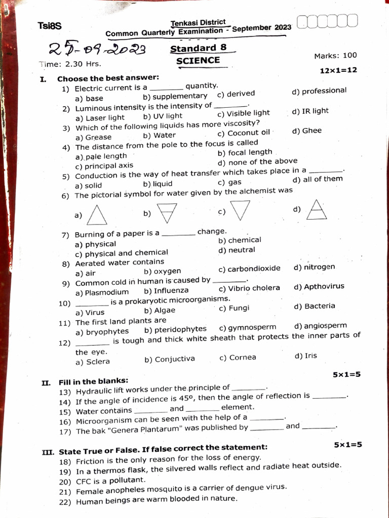 8th Science EM Quarterly Exam 2023 Original Question Paper Thenkasi ...