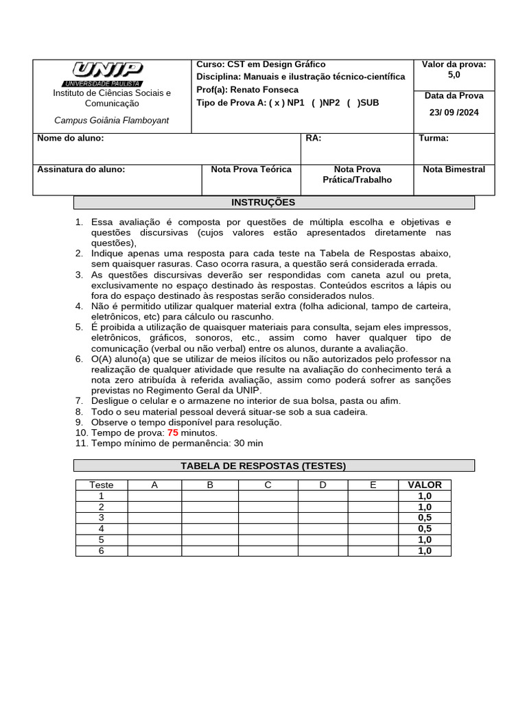 Prova de NP1 - Com Gabarito | PDF | Desenho | Quadrinhos
