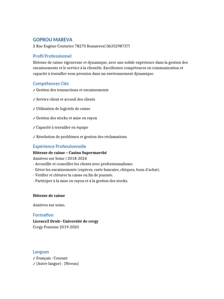 CV Hôtesse de Caisse Dynamique et Expérimentée | PDF