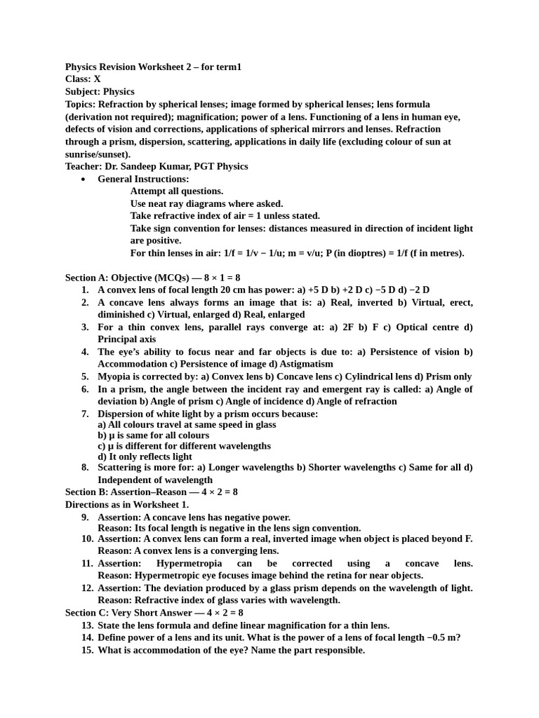 Class 10 Physics Revision Worksheet 2 For Term 1 25-26 | PDF | Electromagnetic Spectrum | Light