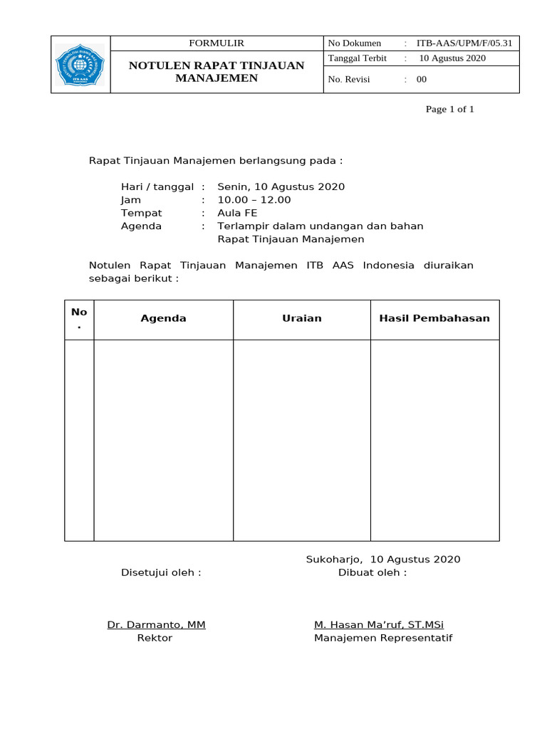 Form Notulen Rapat Tinjauan Manajemen | PDF