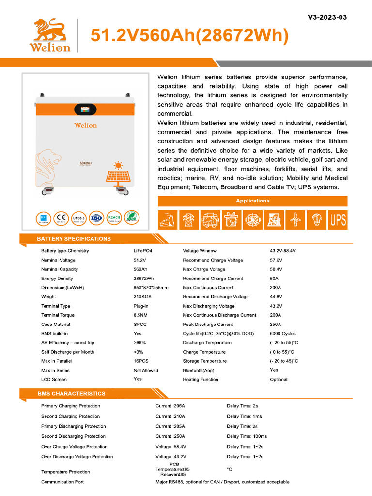 Welion 51.2V560AH Datasheet | PDF