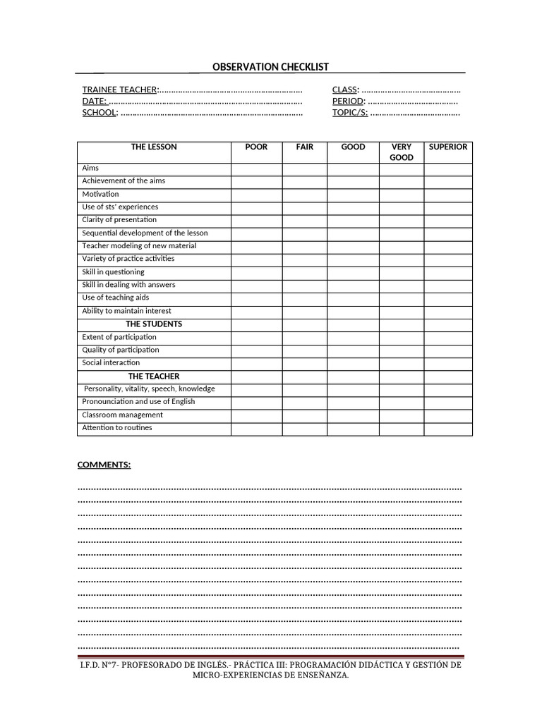 OBSERVATION CHECKLIST | PDF | Teachers | Learning