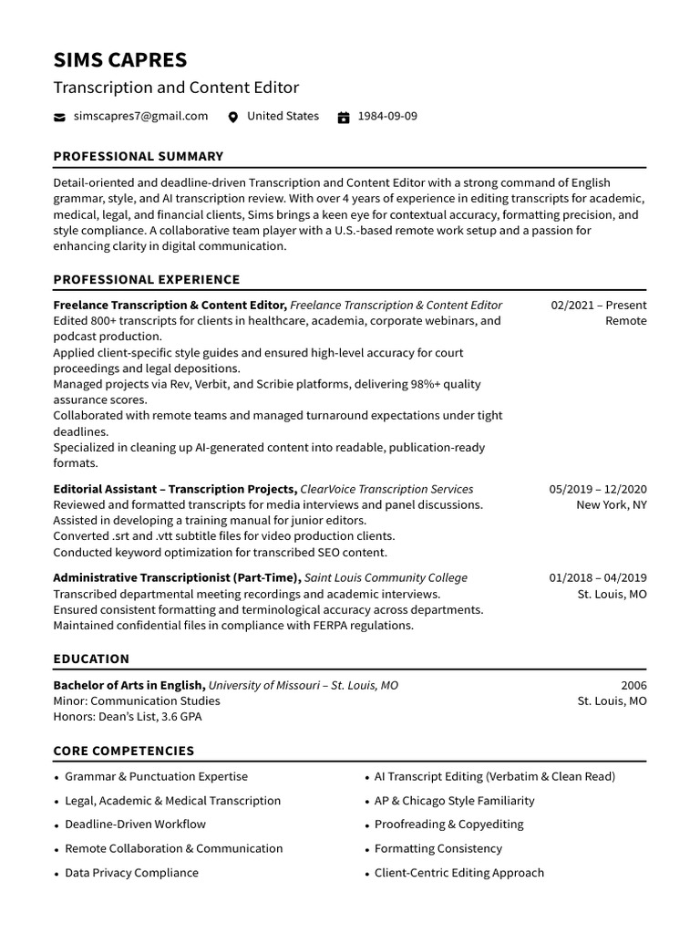 SIMS CAPRES FlowCV Resume 20250727 | PDF | Copy Editing | Editing