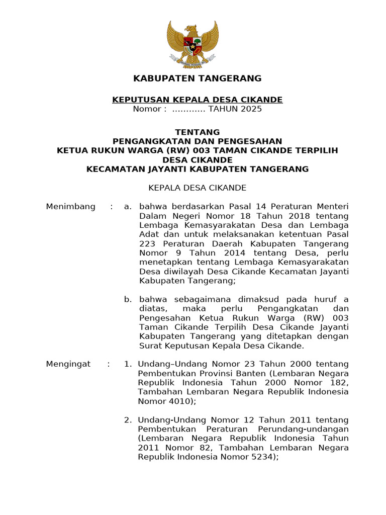 Pengangkatan Ketua RW 003 Cikande 2025 | PDF