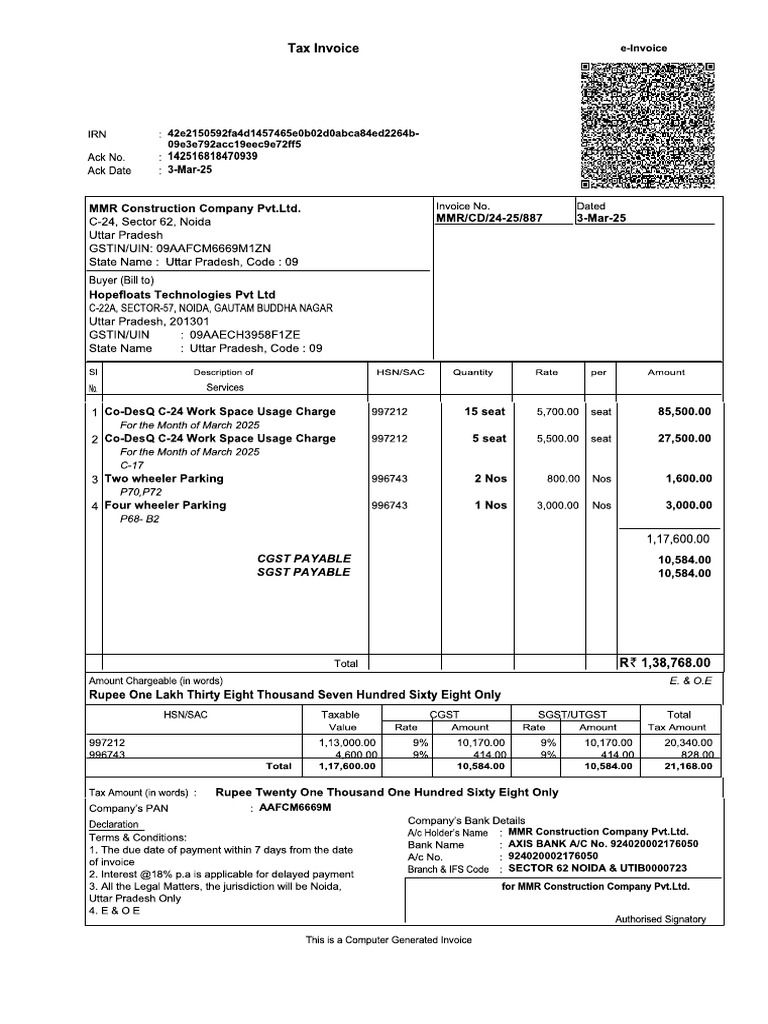 Hopefloats Technologies PVT LTD RENT INVOICE - MAR.25 - 887 | PDF