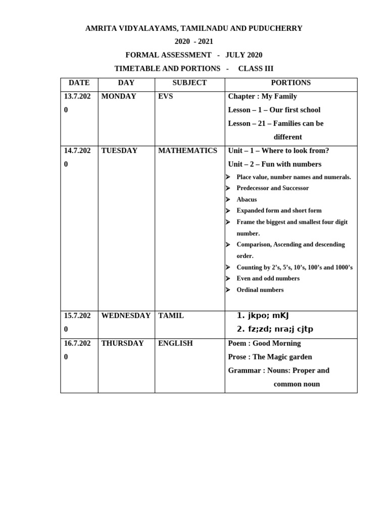 Class III Timetable & Portions 2020-21 | PDF