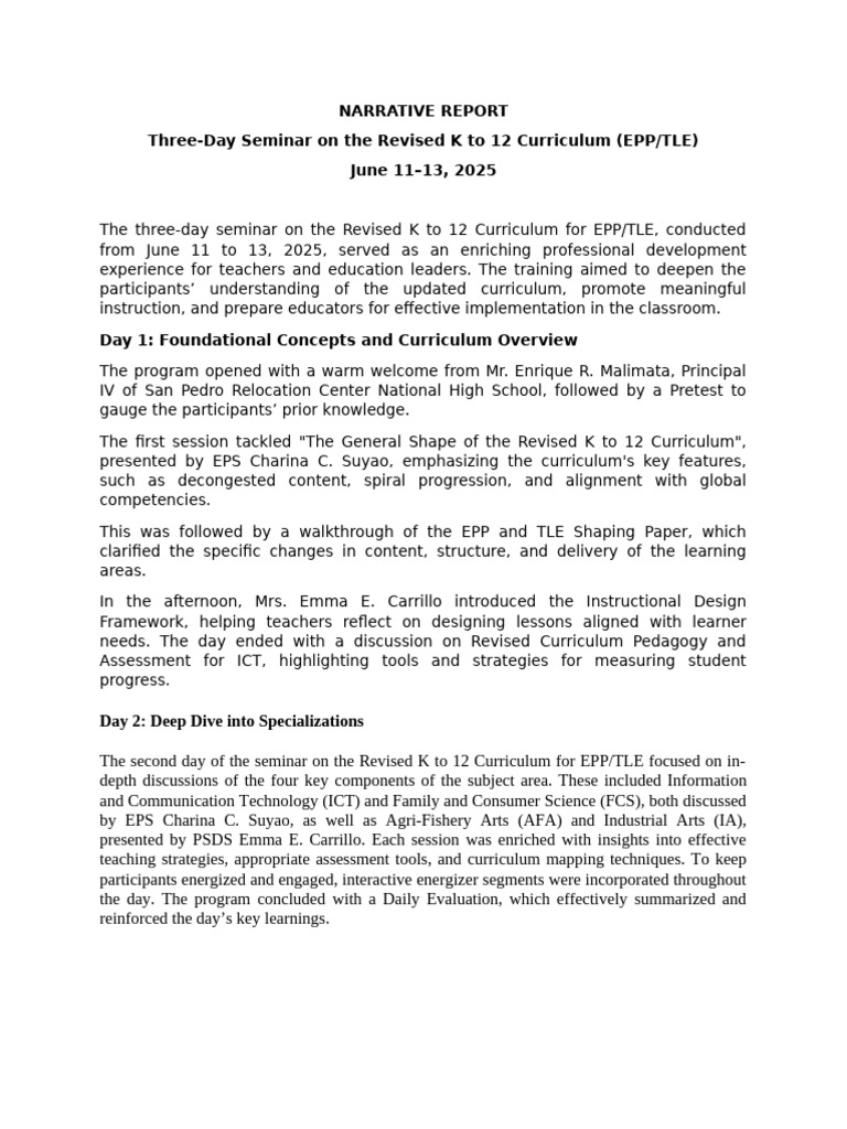 Narrative Report On Three-Day Seminar of The Revised K To 12 Curriculum | PDF | Curriculum ...