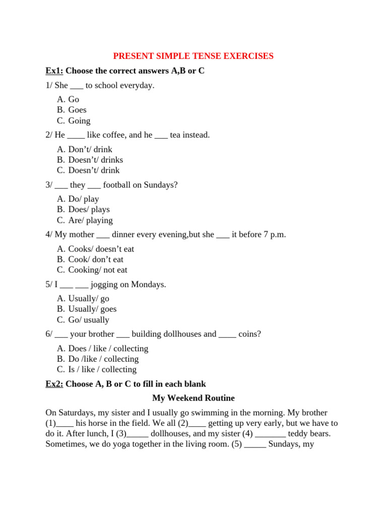 Present Simple Tense Practice Exercises | PDF