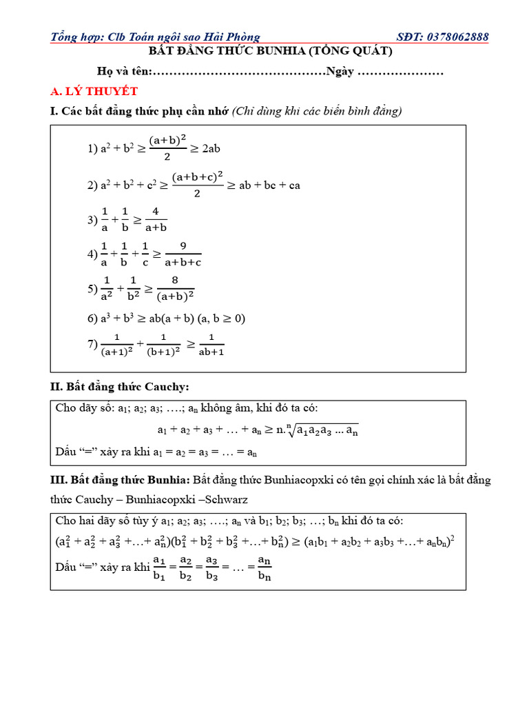 Bất Đẳng Thức Bunhia-dạng Tổng Quát (g8a1) -Bài Tập | PDF