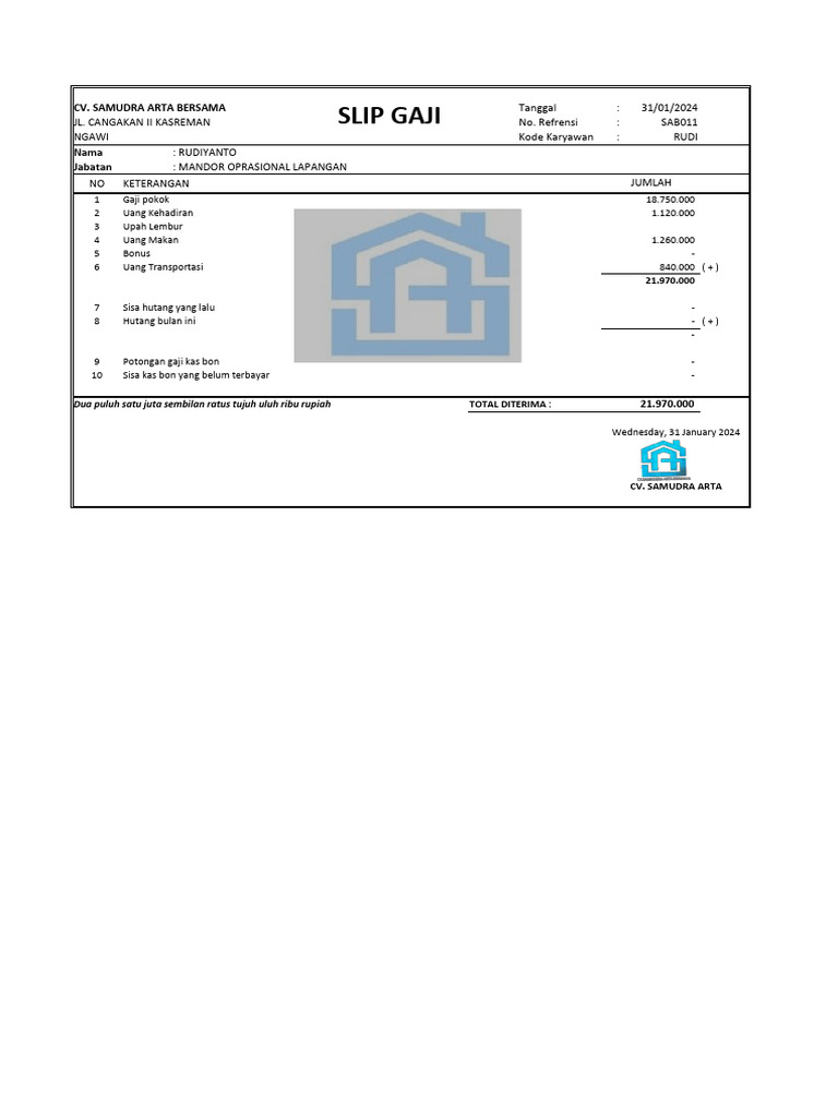Slip Gaji Rudiyanto CV. Samudra Arta | PDF