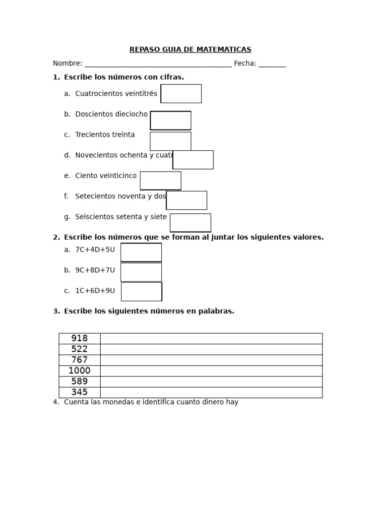 Matematica - Escritura de Numero, Valor Posicional y Monetario | PDF
