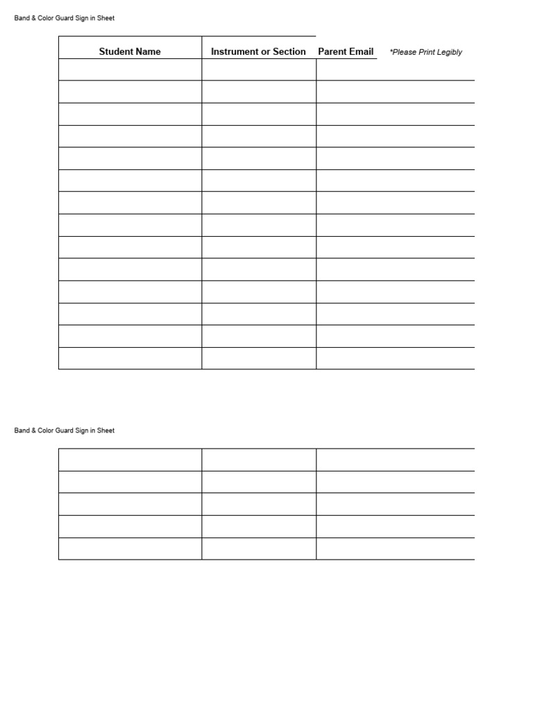 Band & Color Guard Sign in Sheet - Sheet | PDF