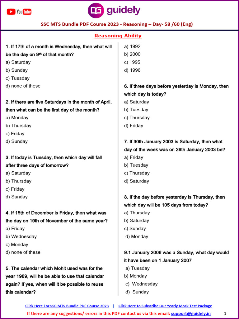 SSC Mts Reasoning Day 58 e Calendar 2 | PDF | Chess Theory | Chess