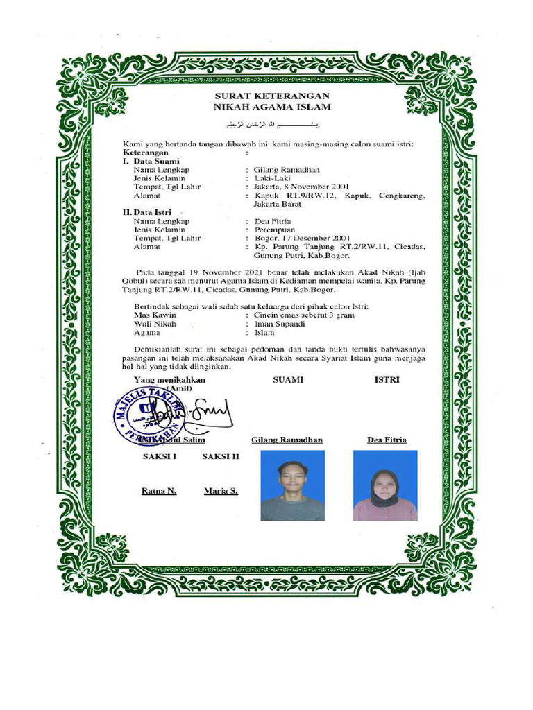 Contoh Surat Nikah | PDF