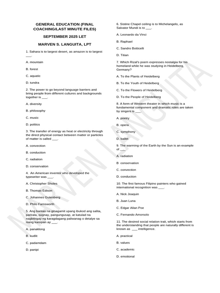 General Education Review for LET 2025 | PDF | Learning | Teachers