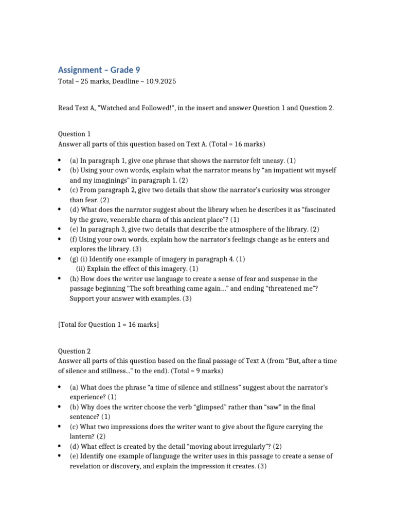 Grade 9 Assignment: Text A Analysis | PDF