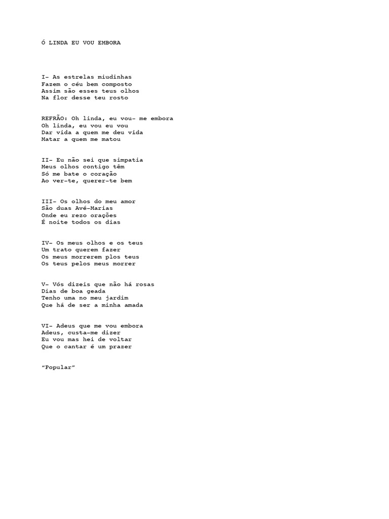 Letra da Música "Ó Linda Eu Vou Embora" | PDF