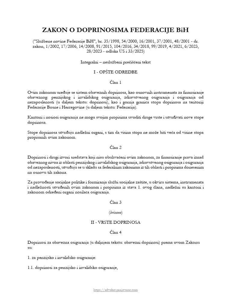 Zakon o Doprinosima FBiH | PDF