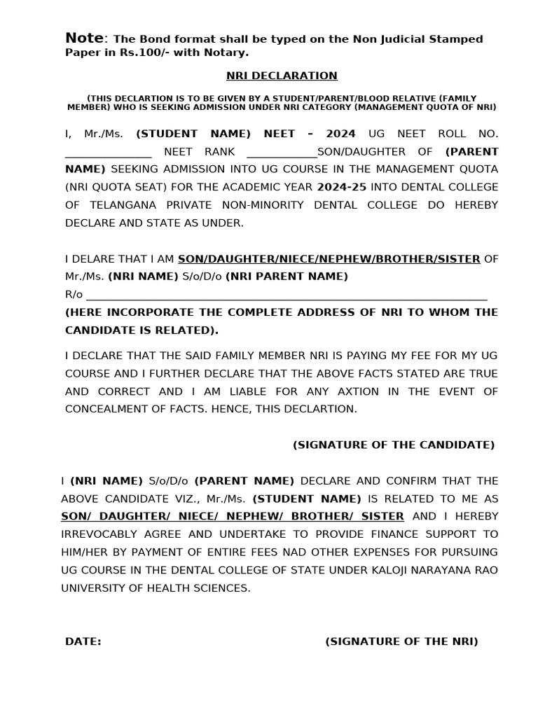 Nri Declaration Bond Format | PDF