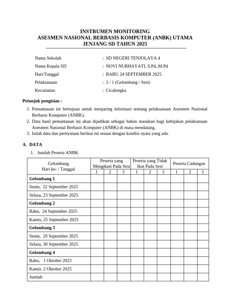 Instrumen Monitoring ANBK 2025 Tenjolaya | PDF