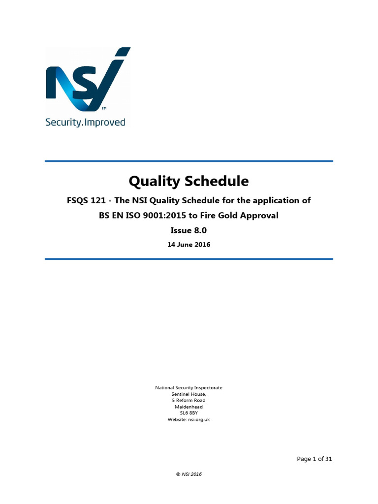 NSI Quality Schedule for Fire Gold Approval | PDF | Quality Management ...