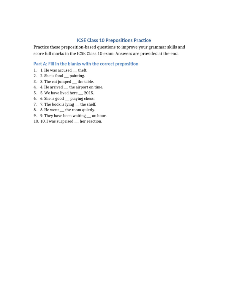 ICSE Class 10 Prepositions Practice Quiz | PDF
