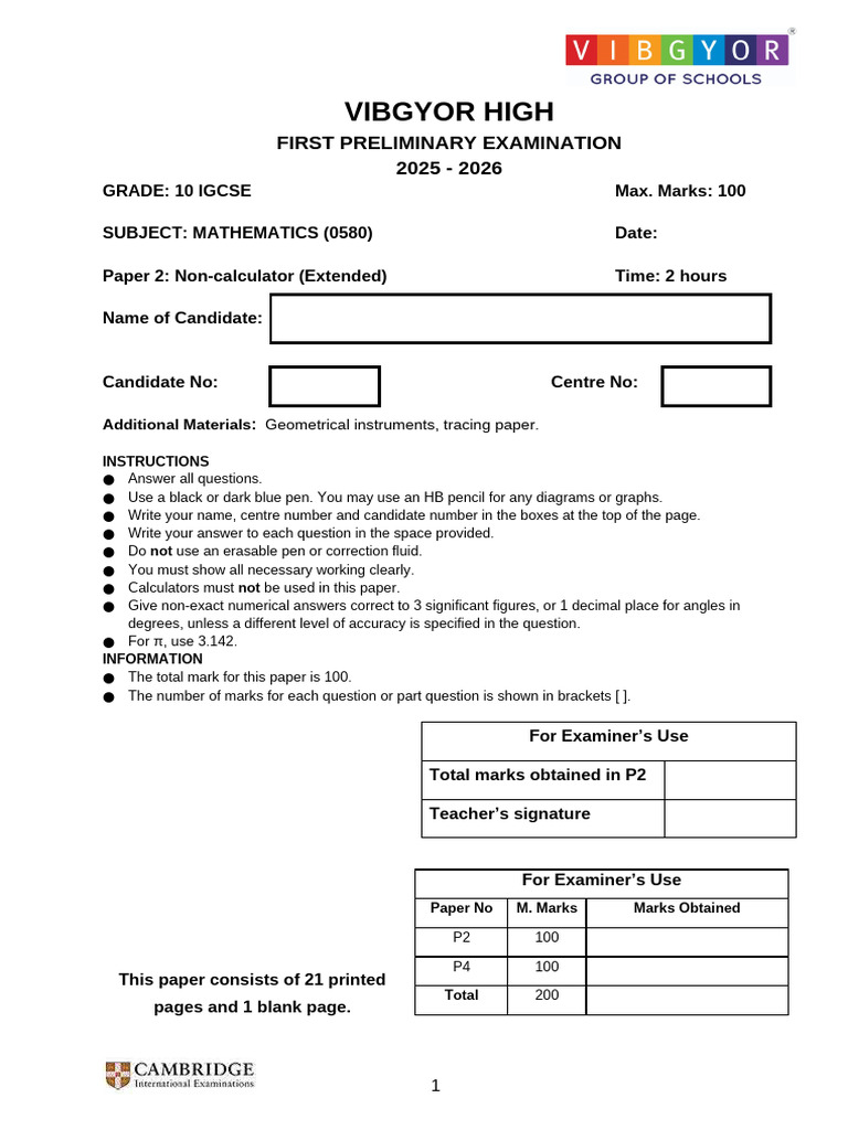 Caie Gr10 Math p2 QP Ay 25-26 New | PDF | Numbers | Angle