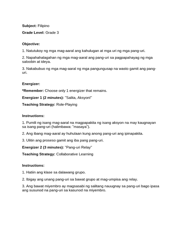 Lesson Plan Filipino | PDF
