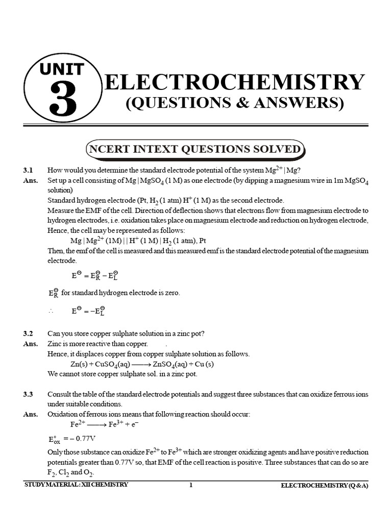 Electrochemistry Q&A for XII Chemistry | PDF | Redox | Electrochemistry