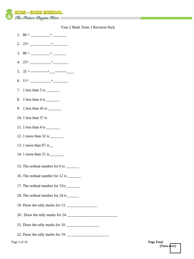 Year 2 Math Term 1 Revision Pack | PDF