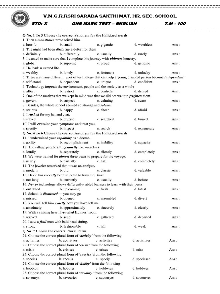 One Mark Test-100 | PDF