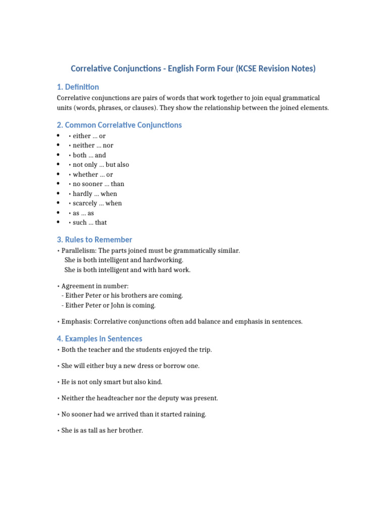 Correlative Conjunctions KCSE Notes | PDF