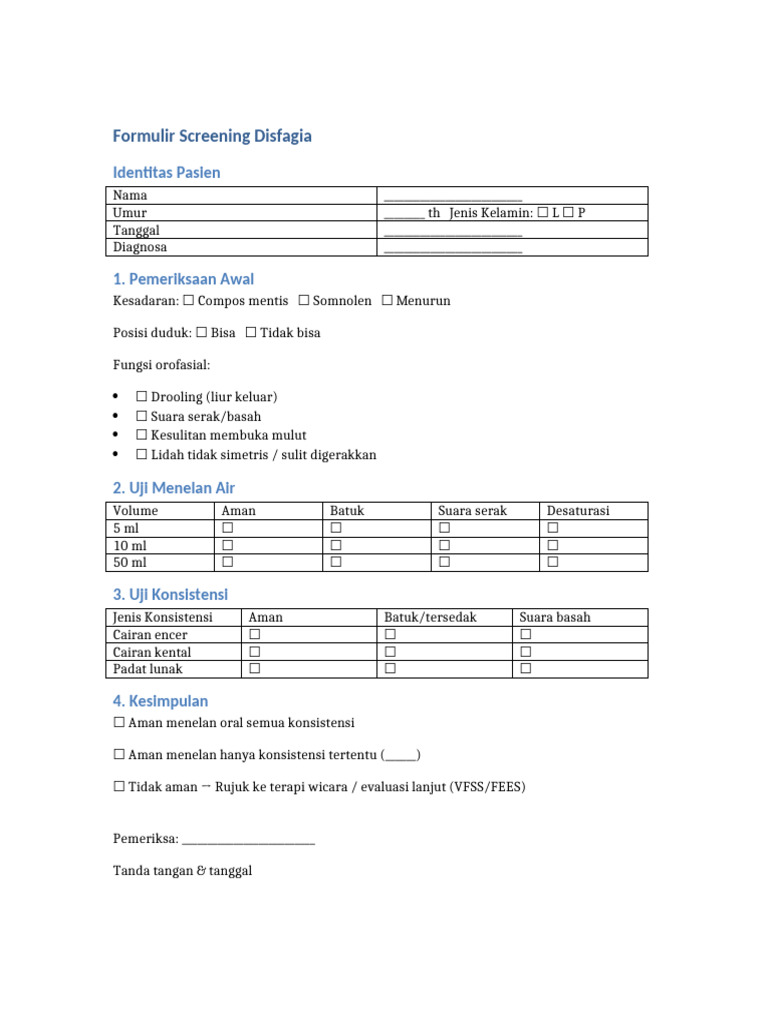 Formulir Screening Disfagia | PDF