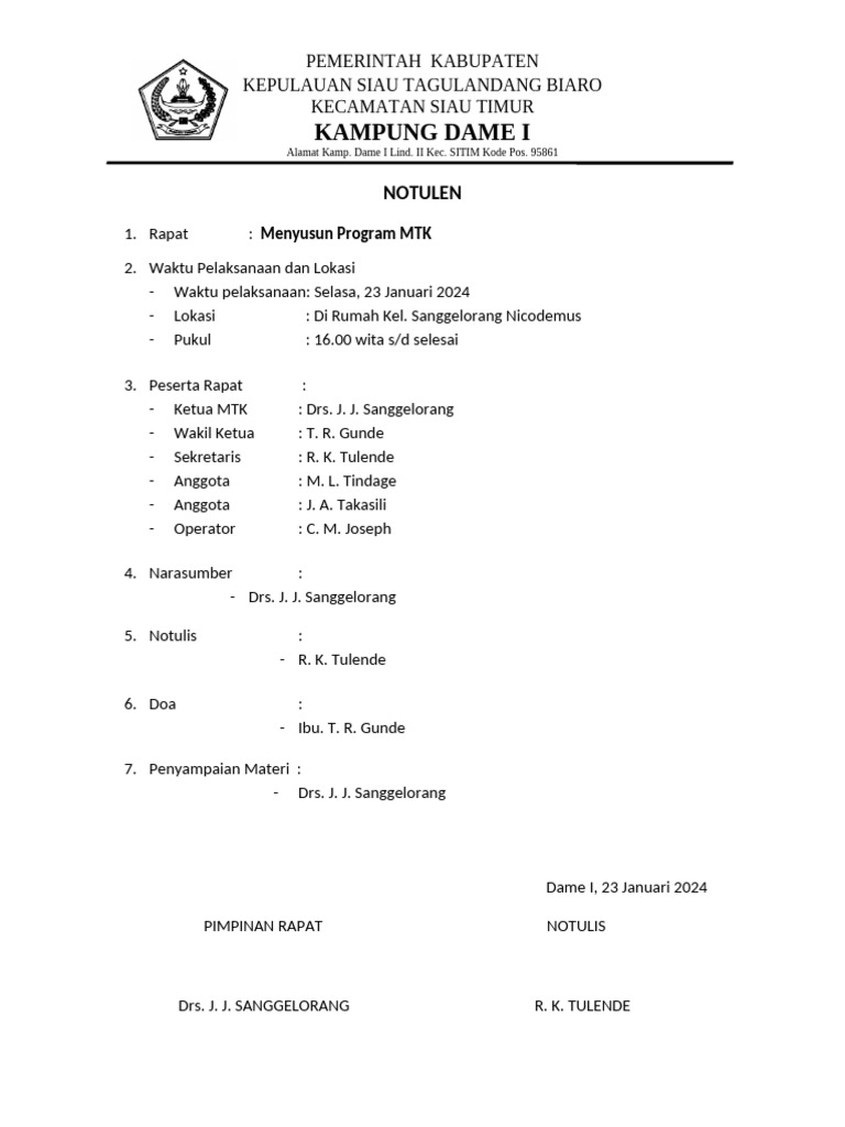 Notulen Rapat Pemerintah Kampung Dame I | PDF