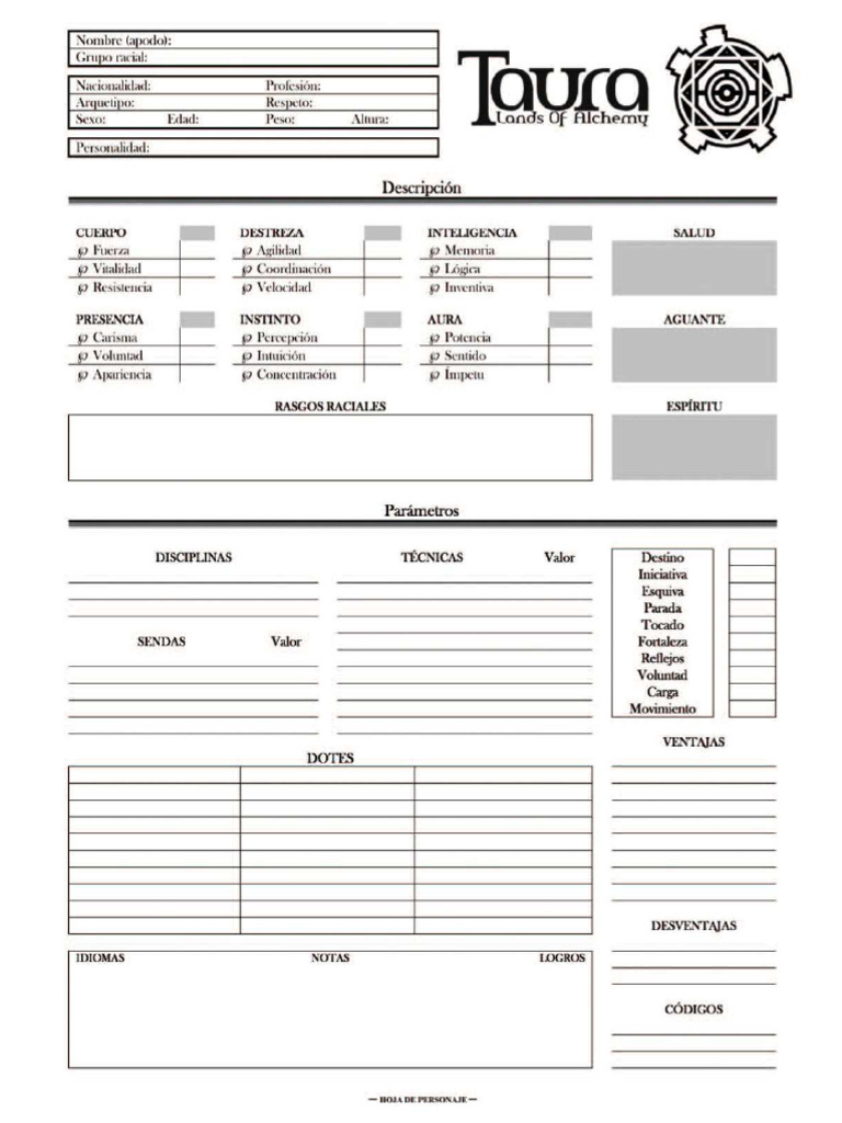 TAURA - Hoja de Personaje | PDF