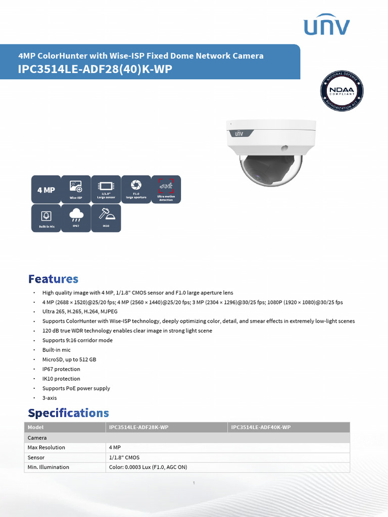 4MP Fixed Dome Network Camera Specs | PDF | Camera Lens | Camera