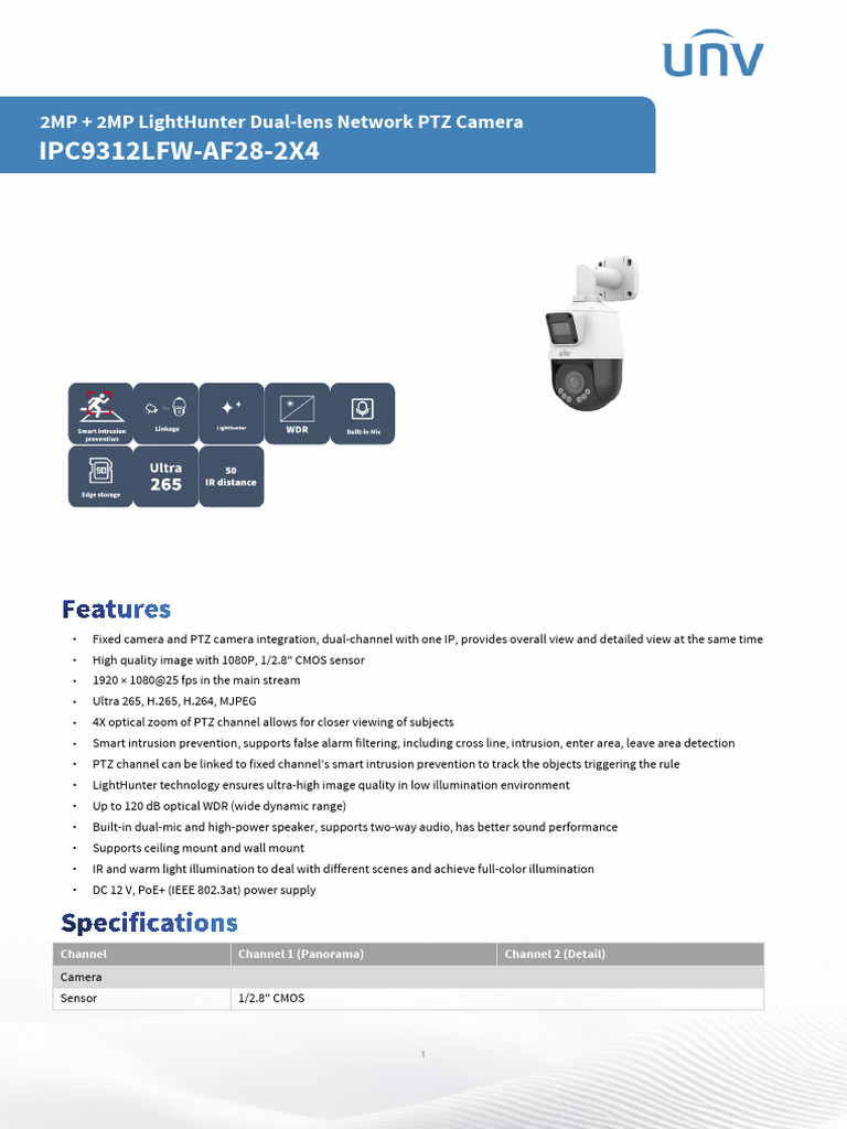 UNV IPC9312LFW-AF28-2X4 2MP + 2MP LightHunter Dual-Lens Network PTZ ...