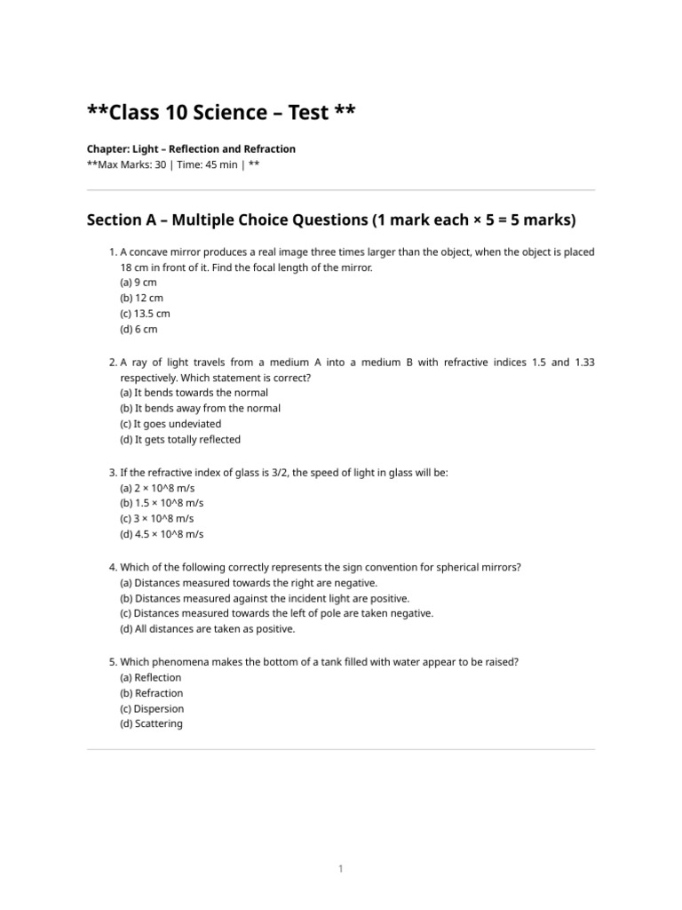 Class 10 Science: Light Test Questions | PDF | Applied And ...