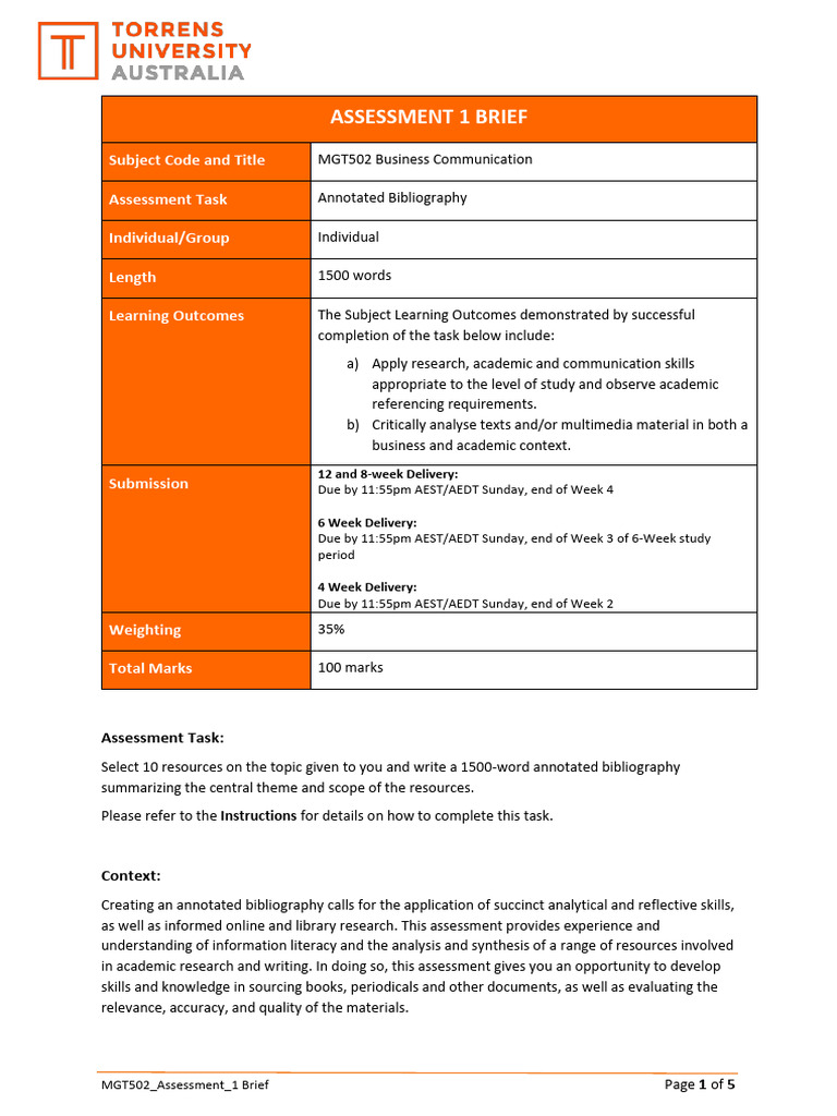 MGT502 Assessment 1 Brief New Final | PDF | Argument | Bibliography