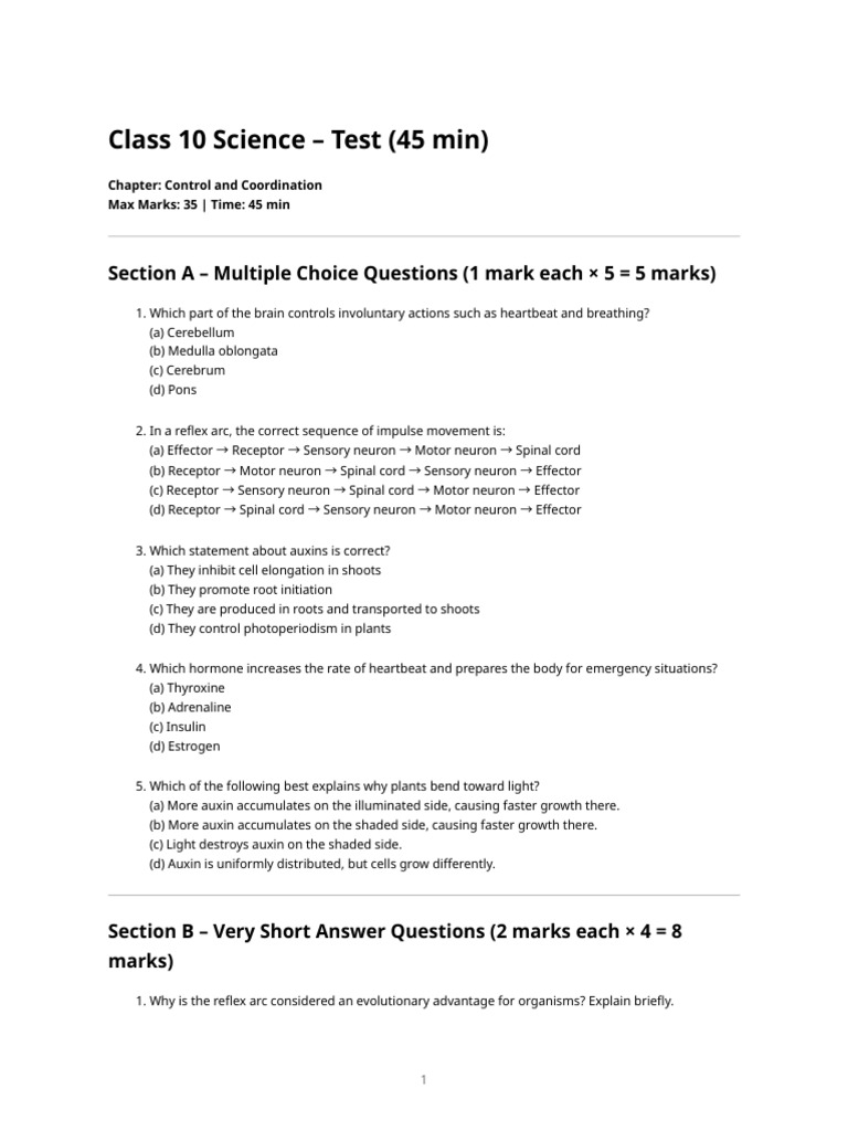 Control Coordination Test | PDF | Auxin | Physiology