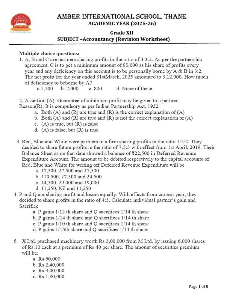 Accountancy Revision Worksheet for XII | PDF | Money | Corporations